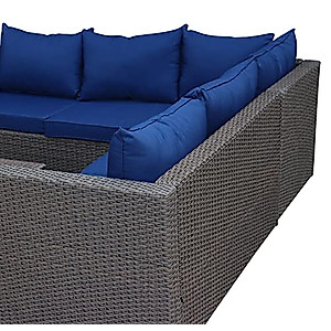 Outdoor Patio Furniture Set with Ottoman Square Coffee Table 4 Piece Patio Sectional Sofa Couch, Modern Brown Rattan Wicker with Seat Cushions - Navy Blue - Oliver & Smith - Sunny