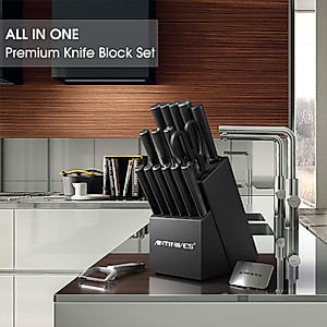 Knife Set, 18 Pcs Kitchen Knives Set with Block, Sharp German Stainless Steel Knife Block Set, Professional Chef Knives Set for Kitchen with Serrated Steak Knives Set, Sharpener & Finger Guard, Black