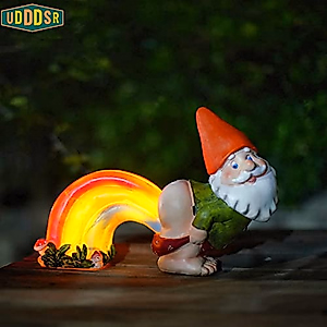 UDDDSR Garden Gnome Statue, Funny Gnome Figurine with Rainbow Solar LED Lights for Garden Patio Yard Art Decoration, Outdoor Lawn Ornaments, Housewarming Funny Garden Gifts - 14"