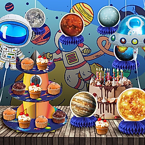 Ayearparty 3 Tier Space Cupcake Stand Astronaut Rocket Outer Space Party Table Decorations Cardboard Cup Cake Holder Solar System Themed Party Supplies for Kids Boys Birthday Baby Shower