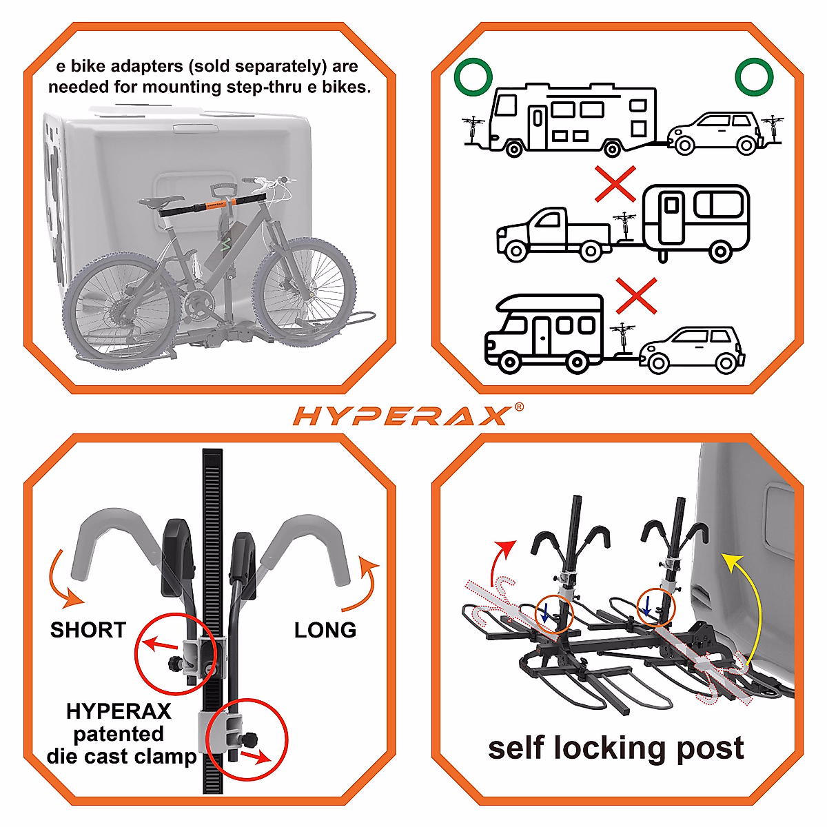 HYPERAX Volt RV 4X - Hitch Mounted 4 Bike Rack Carrier for RV, Camper, Trailer,Motorhome, Toad with 2" Class 3 or Higher Hitch Fits Up to 2x75lb E Bike +2X50lb Bikes with Up to 5" Fat Tire