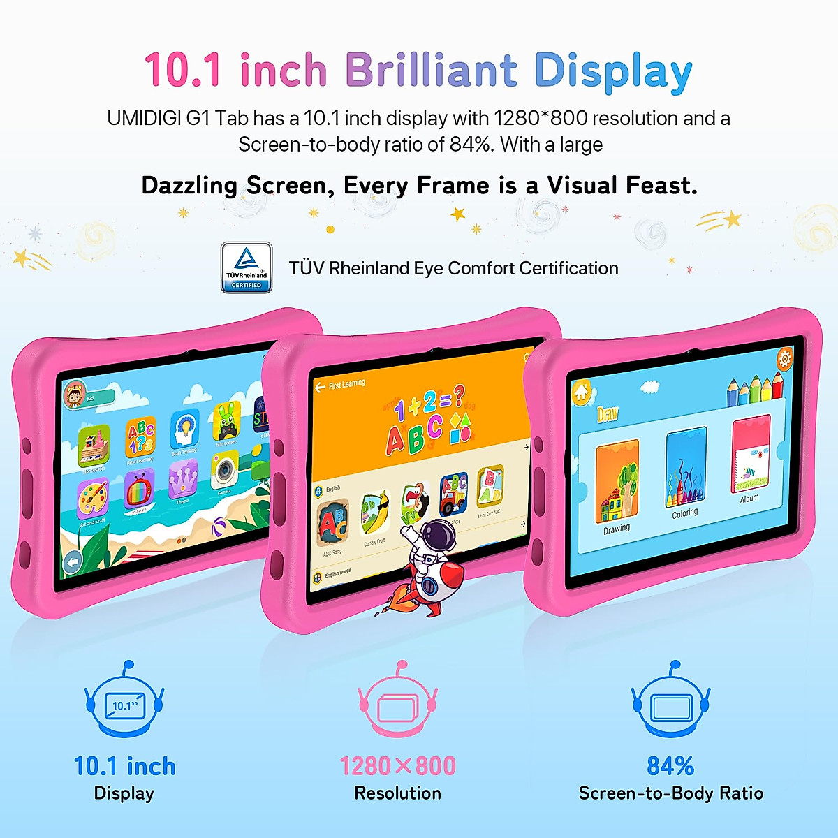 UMIDIGI Kids Tablet, G1 Tab Android 13 Tablet PC, 10.1" Tablet for Kids, 8G+64G up to 1TB, WiFi 6, 8MP+8MP Dual Camera, Quad-Core, 6000mAh, BT5.0, TÜV Eye Bluelight Tablet Android, Parental Control