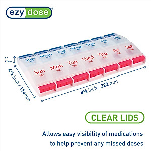 EZY DOSE Push Button (7-Day) Pill Case, Medicine Planner, Vitamin Organizer, 2 Times a Day AM/PM, Large Compartments, Arthritis Friendly, Clear Lids, Red/Blue