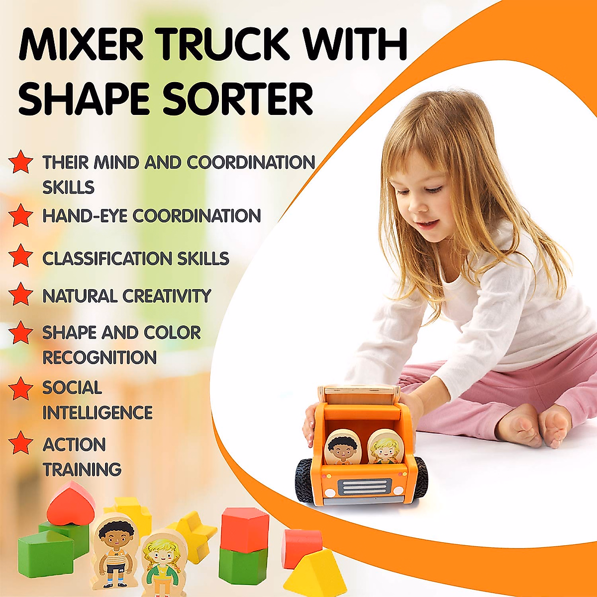 Leo & Friends Shape Sorting Dump Truck - Toddlers Educational Shape Sorter Car - 9 Different Wooden Shape Sorter Toy for Kids - Wooden Vehicle Toys - Perfect Birthdays Holidays and Christmas Gifts