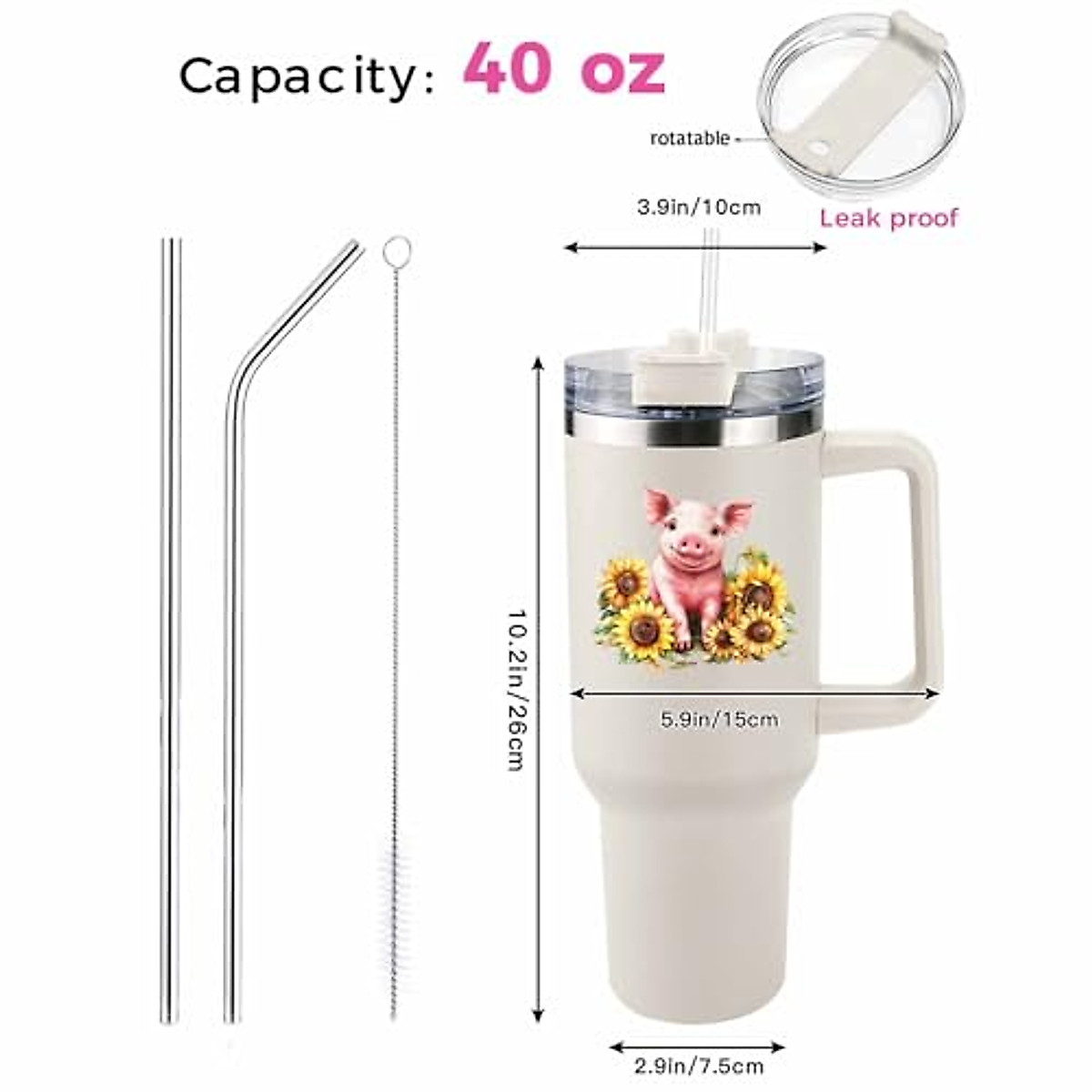 LB LEOBON 40 ounce insulated cup with handle, double-layer vacuum stainless steel material, equipped with straw, can keep warm or maintain cold drinks Pink Pig Sunflower white