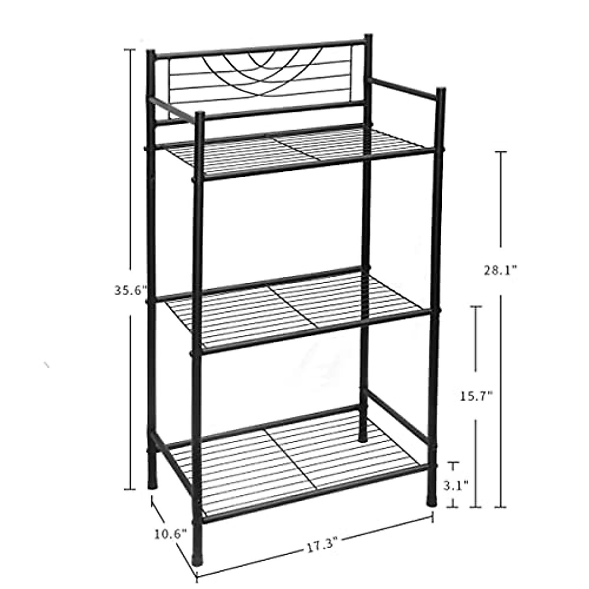 Kimzda 3-Tier Metal Shelf Free Standing Bathroom Tower Storage Rack Corner Rack for Bathroom Laundry Kitchen Office, with 4 Pieces Coat Hook, Black