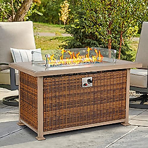 GYUTEI 50 in Propane Fire Pit Table,Rattan Fire Pit Table with Glass Wind Guard,50,000 BTU Gas Firepits for Outside ,CSA Certification and Aluminum Tabletop for Garden Patio Lawn(Brown)