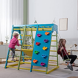 Avenlur Magnolia Indoor Playground 6-in-1 Jungle Gym Montessori Waldorf Style Wooden Climber Playset Slide, Rock Climbing Wall, Rope Wall Climber, Monkey Bars, Swing for Toddlers, Children Kids 2-6yrs