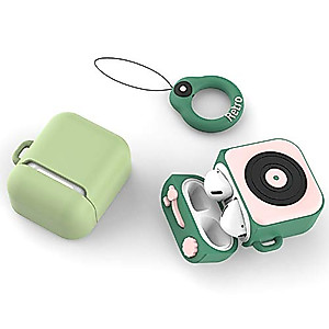 Case for Airpods 1 2 Earphone Charging Box Case for Air Pods 1 2 Cover Silicone Hip-hop Phonograph Earbuds Case with Hook (Pink)