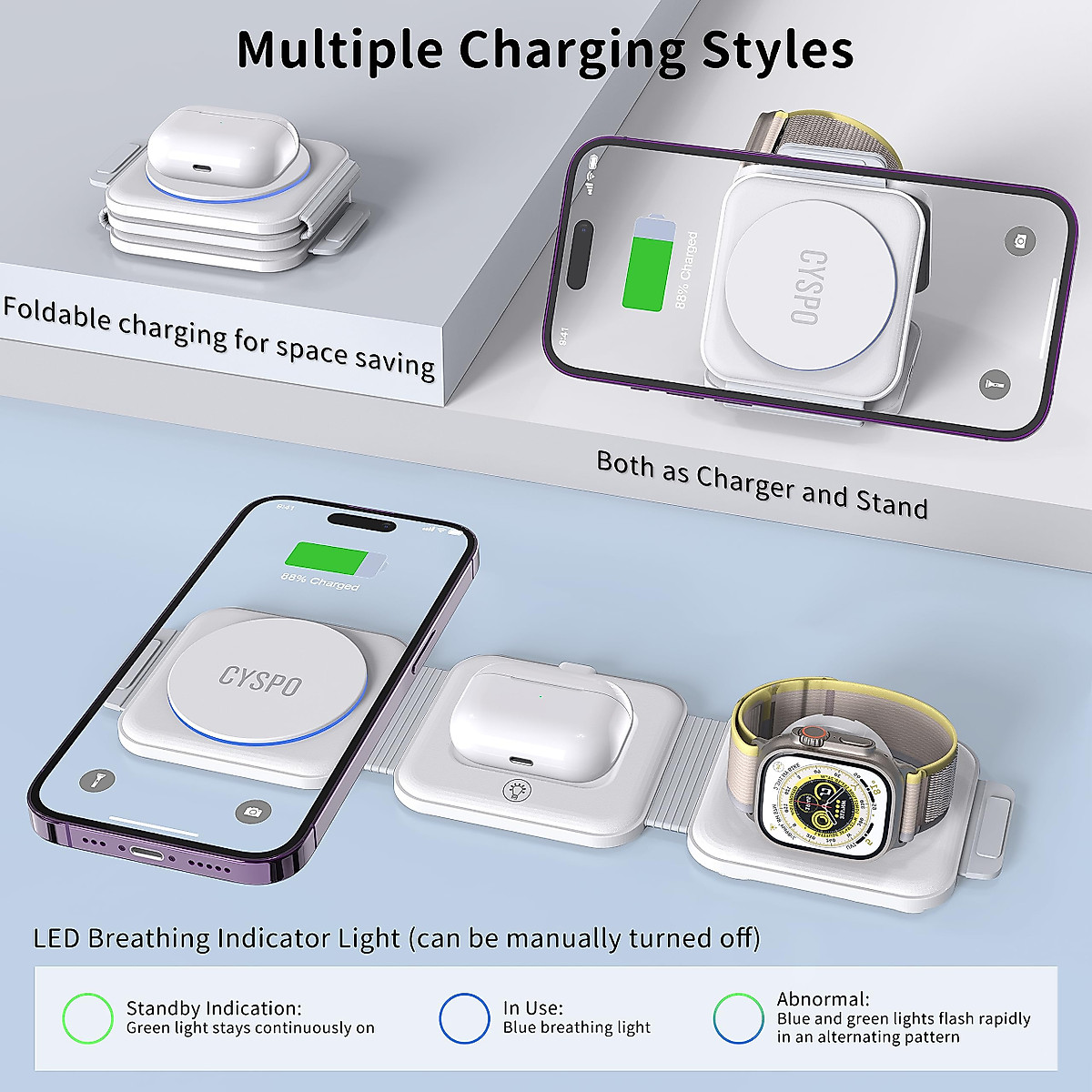 3 in 1 Portable Magnetic Wireless Charger, Fast Charging Travel Wireless Charging Station, Foldable Wireless Charging Stand for iPhone15/14/13/12 Series, AirPods Pro/3/2, Apple Watch(Adapter Included)