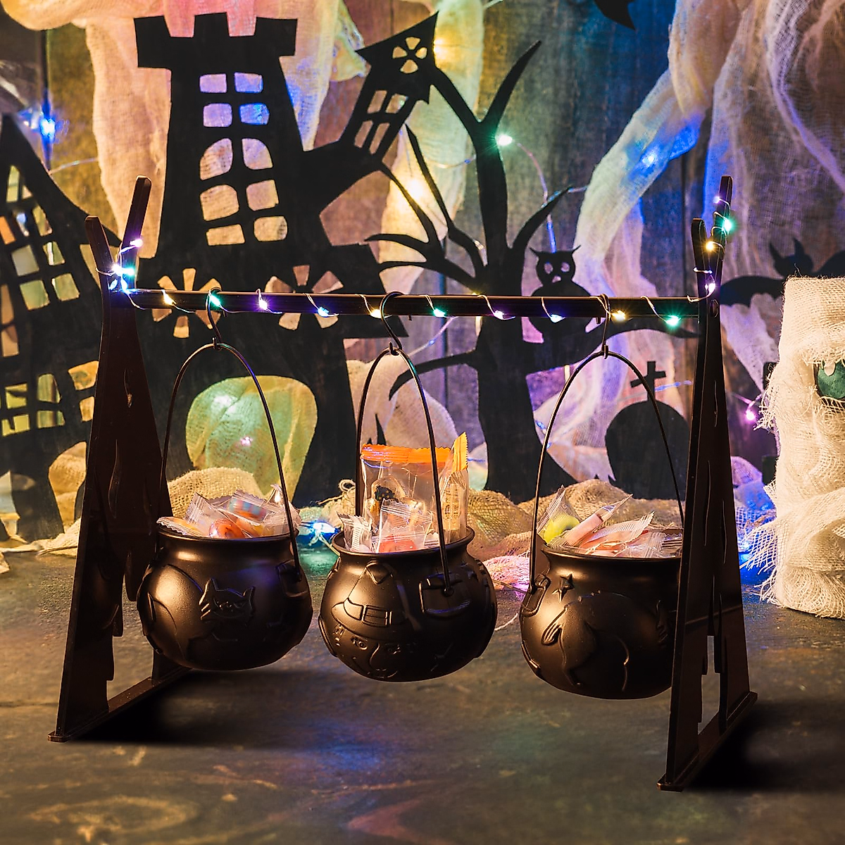 NiHome Halloween Witch Cauldron Mini Set with LED Fairy Lights & Flame-Patterned Stand for Candy, Décor & More, Multi-Occasion Centerpiece Glossy Black Bowls for Halloween, Birthdays, Themed Parties