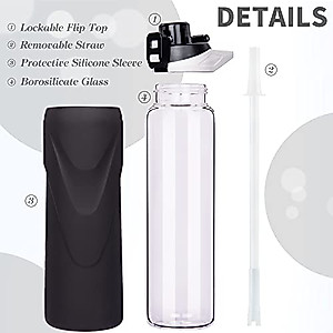 DEARRAY 32 oz Sports Glass Water Bottle with Straw & Silicone Sleeve Reusable BPA-free Borosilicate Glass Drinking Bottle with Flip Top Lid & Handle Wide Mouth (Deep Black)