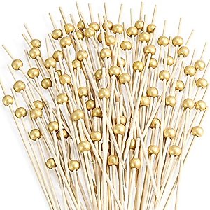 200 Pcs Cocktail Picks, 4.7 Inch Toothpicks for Appetizers, Bamboo Cocktail Sticks Skewers for Drinks, Desserts, Charcuterie, Wedding Party Fancy Toothpicks, Gold Pearl Mini Food Picks Decorative