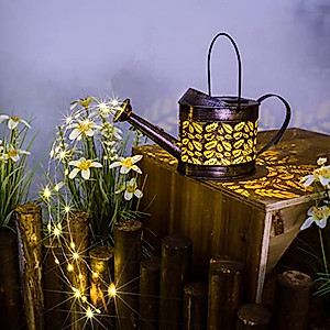 Elfengarden Solar Watering Cans Light Garden Decorative - Leaf Pattern Metal Watering Cans Stake Light with 32 LED Fairy Light - Waterproof Warm White Led for Lawn Patio Or Courtyard Décor