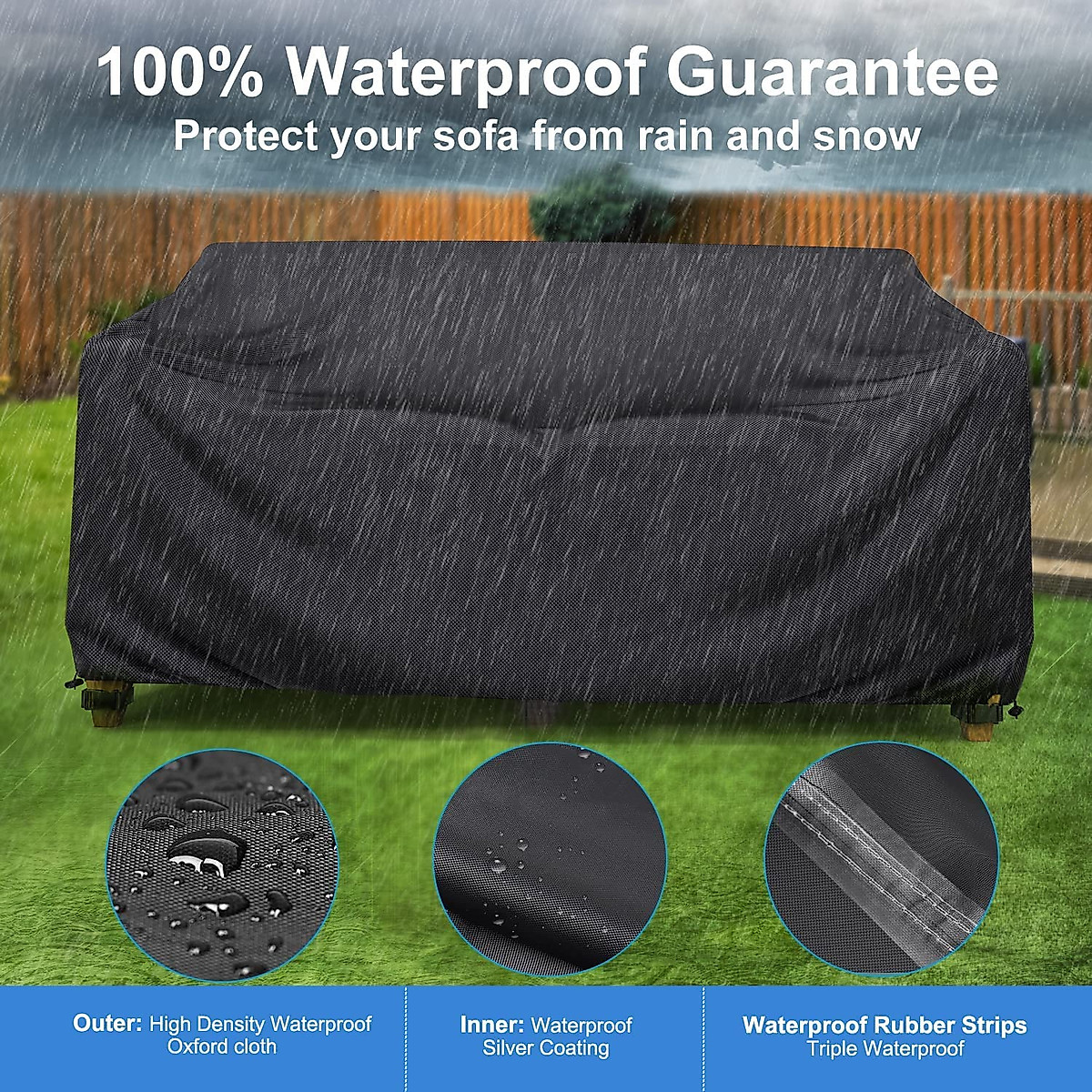 Mrrihand Heavy Duty Patio Sofa Cover Waterproof, 3-Seater Outdoor Sofa Loveseat Cover, Outdoor Patio Furniture Cover with Air Vent and Handles, 85" L×35" D×35" H, Black