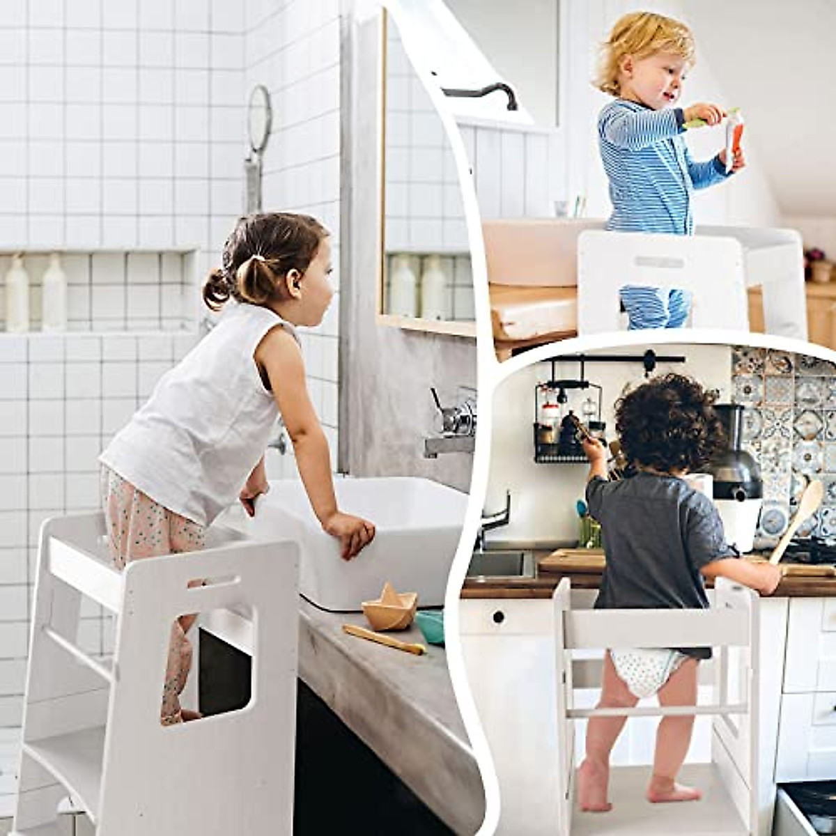 Kitchen Step Stool, WOOD CITY Toddler Kitchen Stool Helper with Safety Rail, Height Adjustable Child Standing Tower Learning Stool for Kitchen Counter and Bathroom Sink (White)