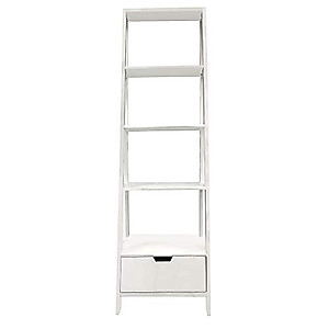 The Urban Port 4-Shelf Wooden Ladder Bookcase with Bottom Drawer, Distressed White
