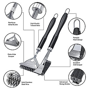 AJIJING Grill Brush and Scraper,2 Pack BBQ Grill Cleaning Brush 18" Stainless Steel Wire Bristle BBQ Grill Cleaner Brush Scraper Accessories for Gas Grill Weber Charcoal Porcelain Ceramic Iron Grill