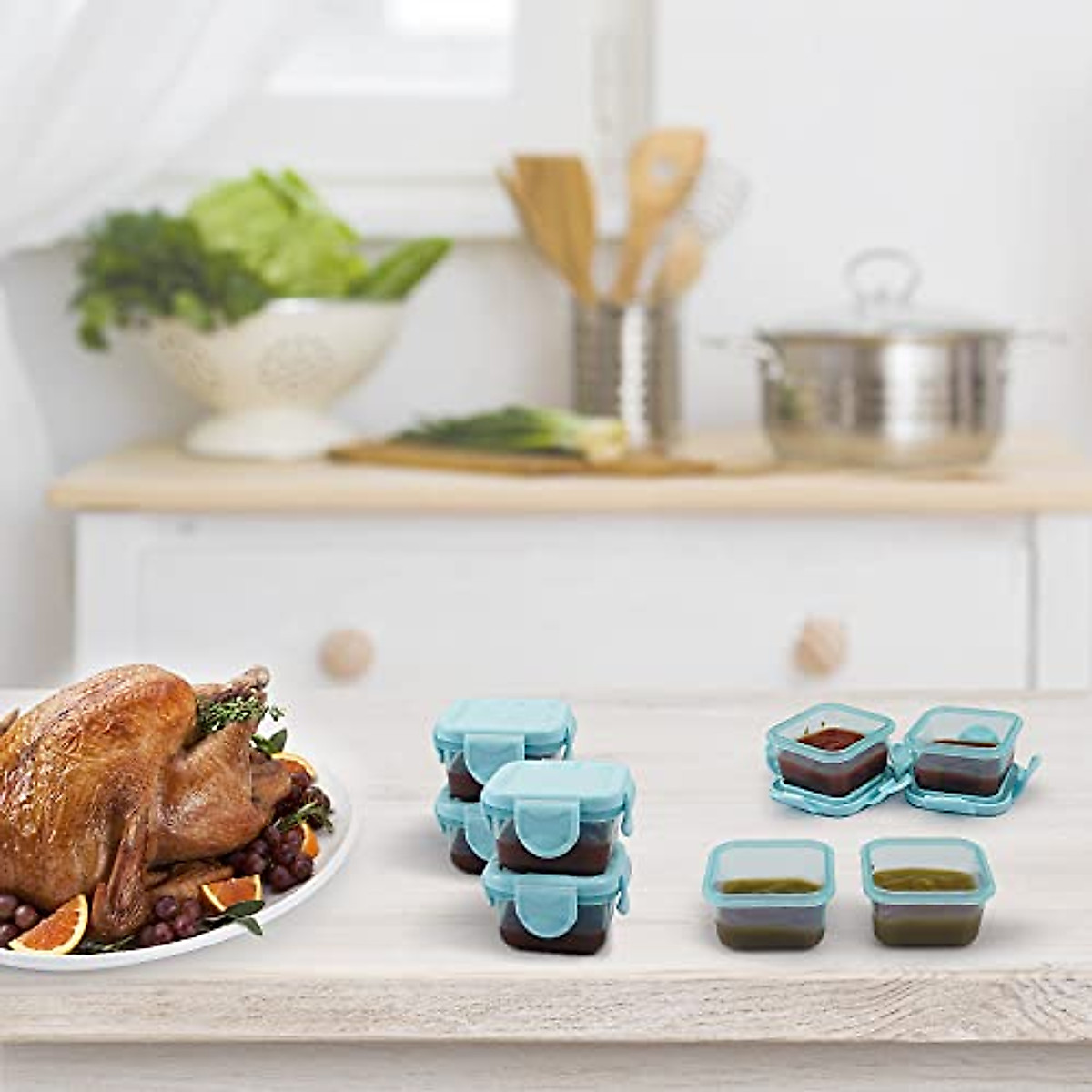 Amytalk Mini Salad Dressing Containers Reusable Plastic Sauce Containers Small Sauce Condiment Cups with Lid for Lunch Box Picnic Travel (Blue)