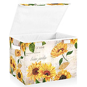 Decorative Storage Bins for Closet, Sunflower Retro Pattern Collapsible Storage Baskets with Lids and Handles for Shelves Closet Home Decor
