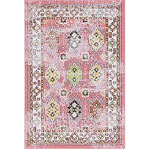 Unique Loom Aarhus Collection Geometric Border Rug_AAR004, 6 x 9 Feet, Rose/Ivory