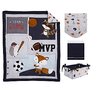 NOJO Team All Star Navy, Grey, and Light Blue, Football, Baseball, Soccer and Basketball, 4 Piece Nursery Crib Bedding Set - Comforter, 100% Cotton Fitted Crib Sheet, Crib Skirt and Storage Tote