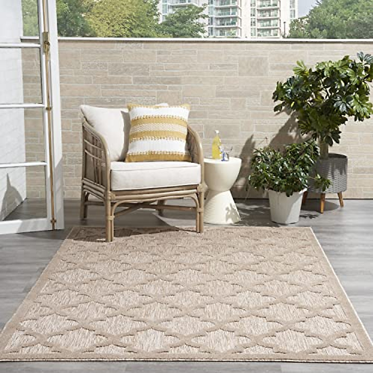 Nourison Easy Care Moroccan Natural Beige 5' x 7' Area -Rug, Trellis, Easy -Cleaning, Non Shedding, Bed Room, Living Room, Dining Room, Backyard, Deck, Patio (5x7)