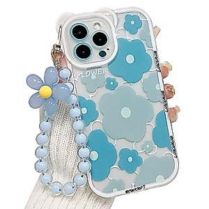 NITITOP Compatible for iPhone 13 Pro Max Case Clear Flower Floral Camera with Lovely Bracelet Chain Bear Lens Case for Women Girls, Shockproof Protective Soft TPU Cover - Blue