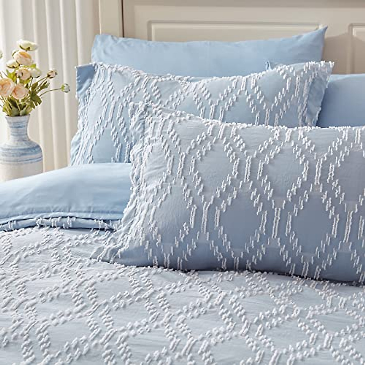 EMME Duvet Cover Set Microfiber, Tufted Queen Duvet Cover Set, Boho Bedding Sets Queen for All Seasons, 3 Pieces Embroidery Chic Duvet Cover Full, 1 Duvet Cover + 2 Pillowcases (Blue & White, Queen)