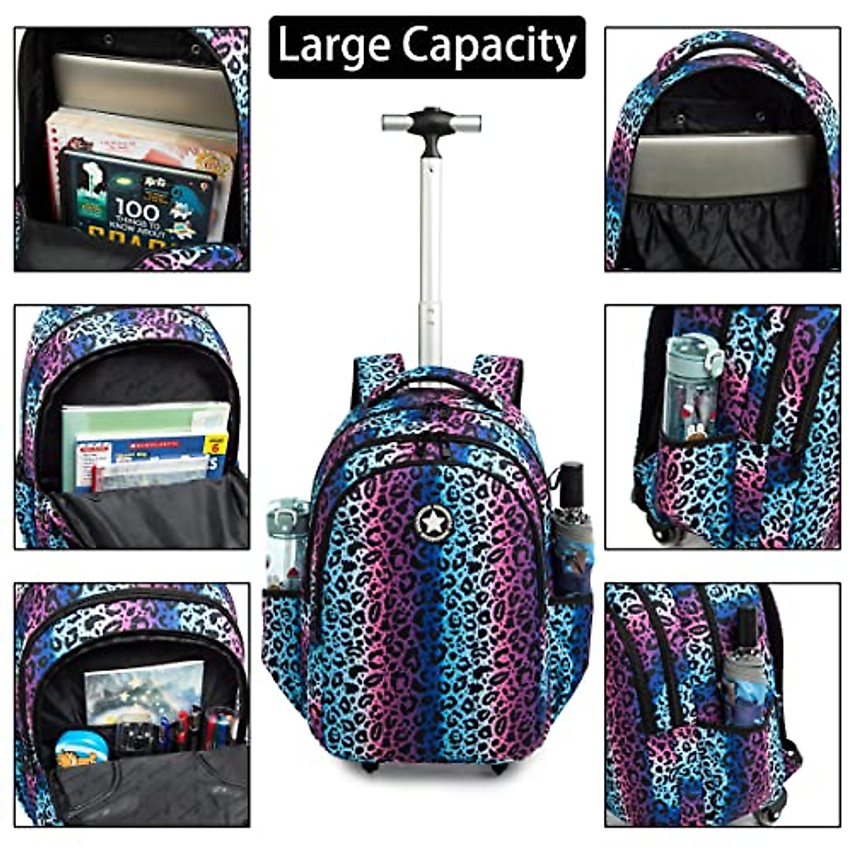 Jasminestar Rolling Backpack for Girls 18inch with Lunch Bag and Pencil Case, Lightweight School Bookbags for Boys and Girls