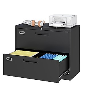 PEUKC 2 Drawer File Cabinet, Lateral Filing Cabinets for Home Office, Office Storage Drawers with Lock, Hanging Files Legal/Letter A4 Size (Assemble Required,Black)