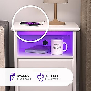 NEDYO White Nightstand with Charging Station & LED, Bed Side Table with 2 Drawers, Modern Small End Table for Bedroom and Living Room. Cream White