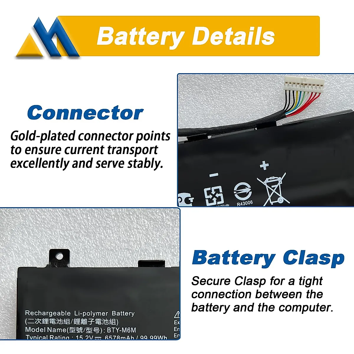 BTY-M6M 99.99Wh Laptop Battery Replacement for MSI GS66 Stealth 10SE 10SF 11UE 11UH GE66 Raider 10UG 11UG GE76 for Raider 11UE 11UG GE76 for Dragon Tiamat 11UH WS66 10TM 11UMT 11UKT for Creator 15