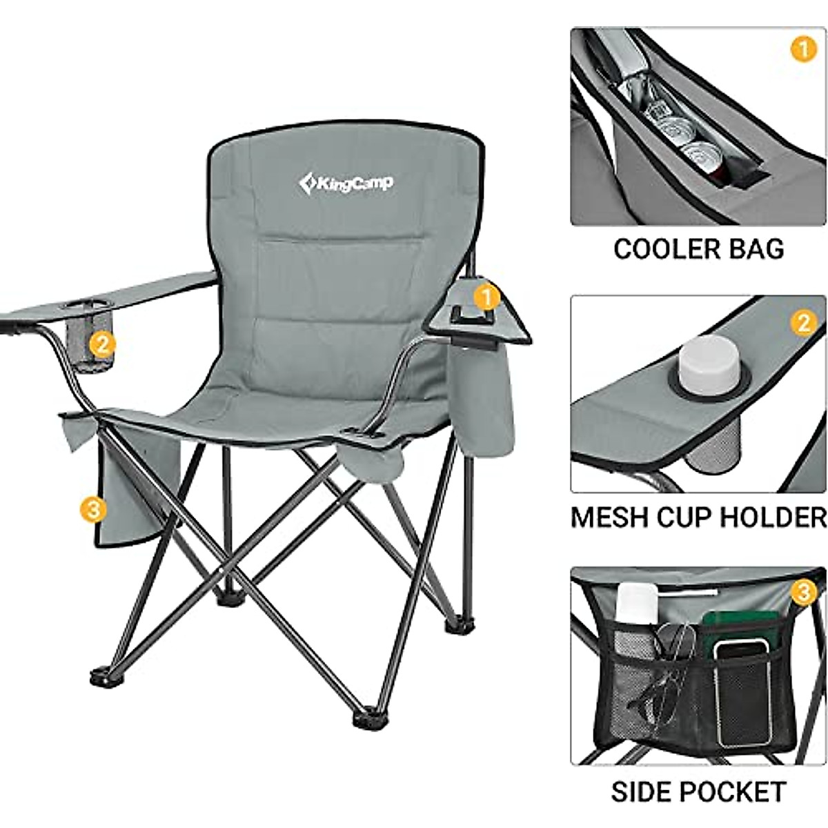 KingCamp Oversized Folding Camping Chair for Adults Portable Outdoor Lawn Heavy Duty with Cooler, Cup Holder, Side Pocket,Carry Bag, 2 Pack, Grey
