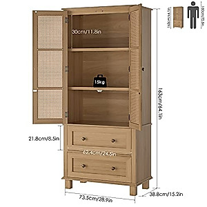 FOTOSOK Kitchen Pantry Storage Cabinet, Tall Cabinet with Rattan Doors and 2 Drawers, Freestanding Cupboard with Adjustable Shelves, Utility Pantry for Kitchen, Dining Room,Walnut