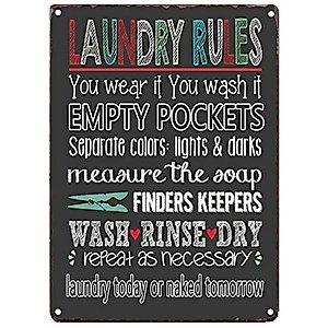 PXIYOU Laundry Rules Typography Wash Rinse Dry Vintage Distressed Look Farmhouse Metal Sign Washroom Laundry Room Decor 8X12Inch