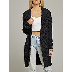 MEROKEETY Women's Long Sleeve Soft Chunky Knit Sweater Open Front Cardigan Outwear with Pockets,Black,Large