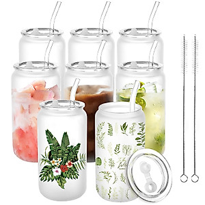 JMScape Sublimation Glass Cans Blanks with Plastic Lids and Straws 8pcs Set - 16oz Frosted Glass Cups, Sublimation Beer Can Glass Tumblers for Iced Coffee Juice Soda Drinks