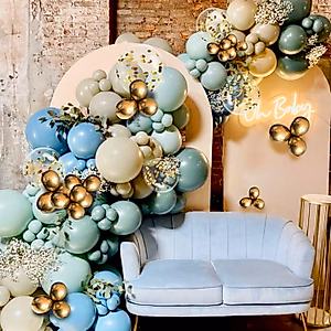 Dusty Blue Green Balloon Garland Arch Kit Blue Green White Sand Gold Confetti Balloons for Bridal Boho Birthday Party Backdrop Decorations