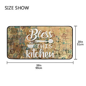 Kitchen Mat Non-Slip Kitchen Rug Bless This Kitchen Artistic Sketch Kitchen Doormat Runner Rug for Home Decor，39 x 20 Inch