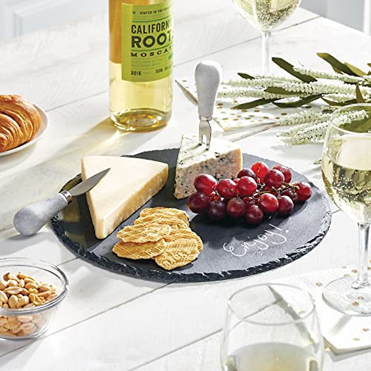 mDesign Slate Stone Round Gourmet Chalkboard Serving Platter, Cheese Board, Charcuterie Tray with Natural Edge and Chalk Pencil for Cheese, Meats, Appetizers, Dried Fruits, and Food - Black