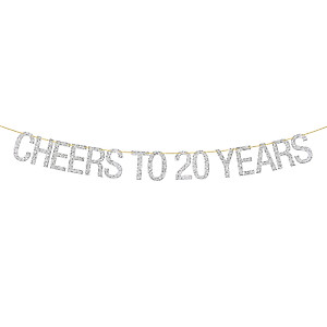 Cheers to 20 Years Banner - Happy 20th Birthday Party Bunting Sign - 20th Wedding Anniversary Decorations Supplies - Silver