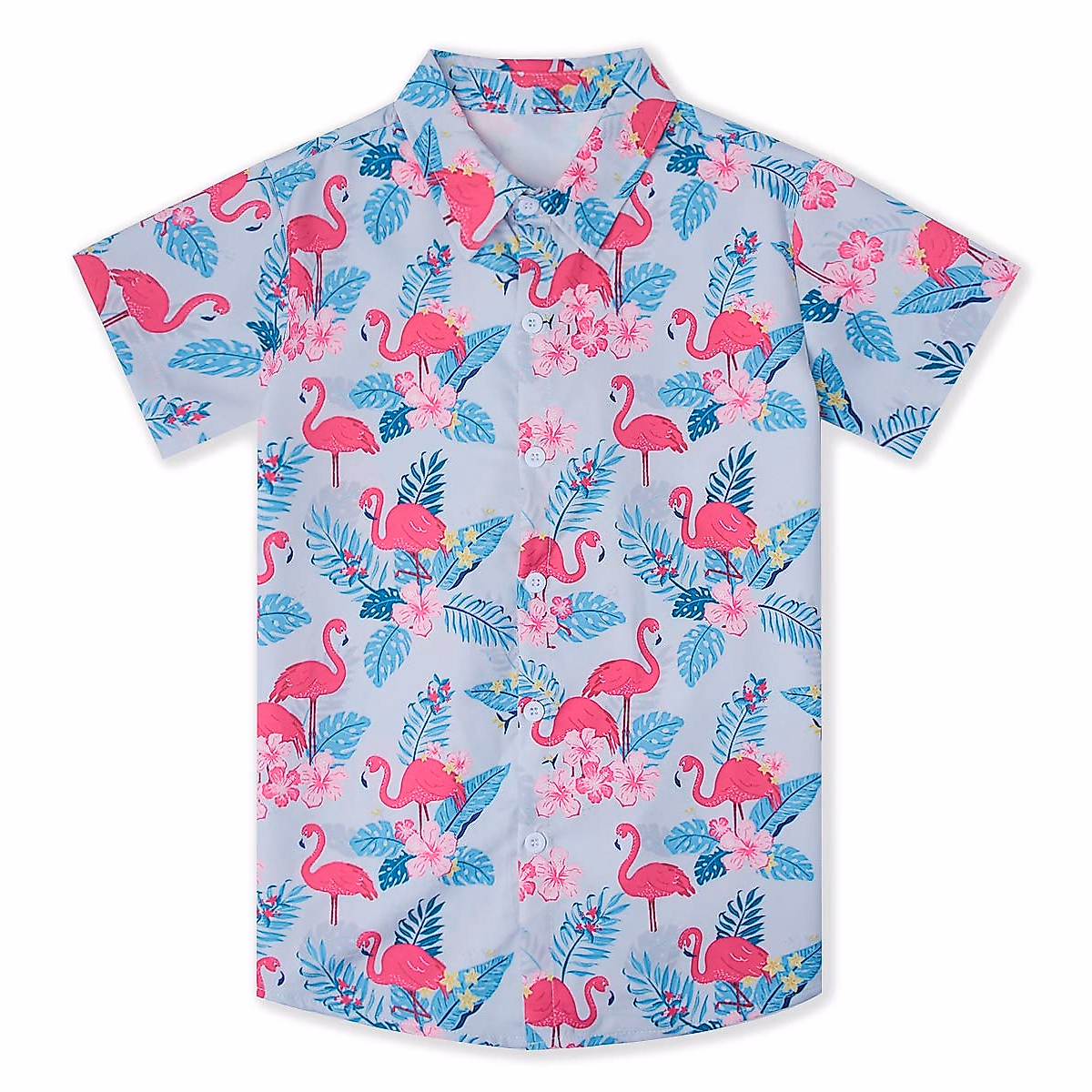 Boys Tropical Hawaiian Shirt Novelty Red Flamingo Animal Graphics Luau Shirts for Kids Button Down Short Sleeve Collar Tshirts Youth Fancy Green Leave Tops 9-10 Years Old Child Plaid Casual, Size 9-10