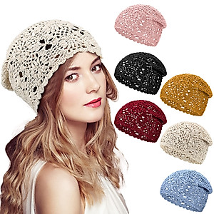 JenPen 6 Pcs Women Crochet Hat Slouchy Knit Beanie Cotton Handmade Knit Hat Summer Winter Soft Comfortable Floral Skull Cap(Classic Color)