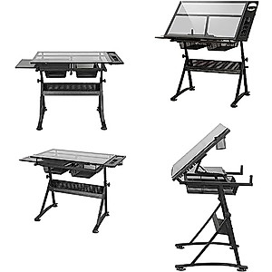 XiVue Drafting Table with Storage, Height Adjustable Tiltable Art Desk, Glass Panel Drawing Desk,for Work Study Painting Craft Table