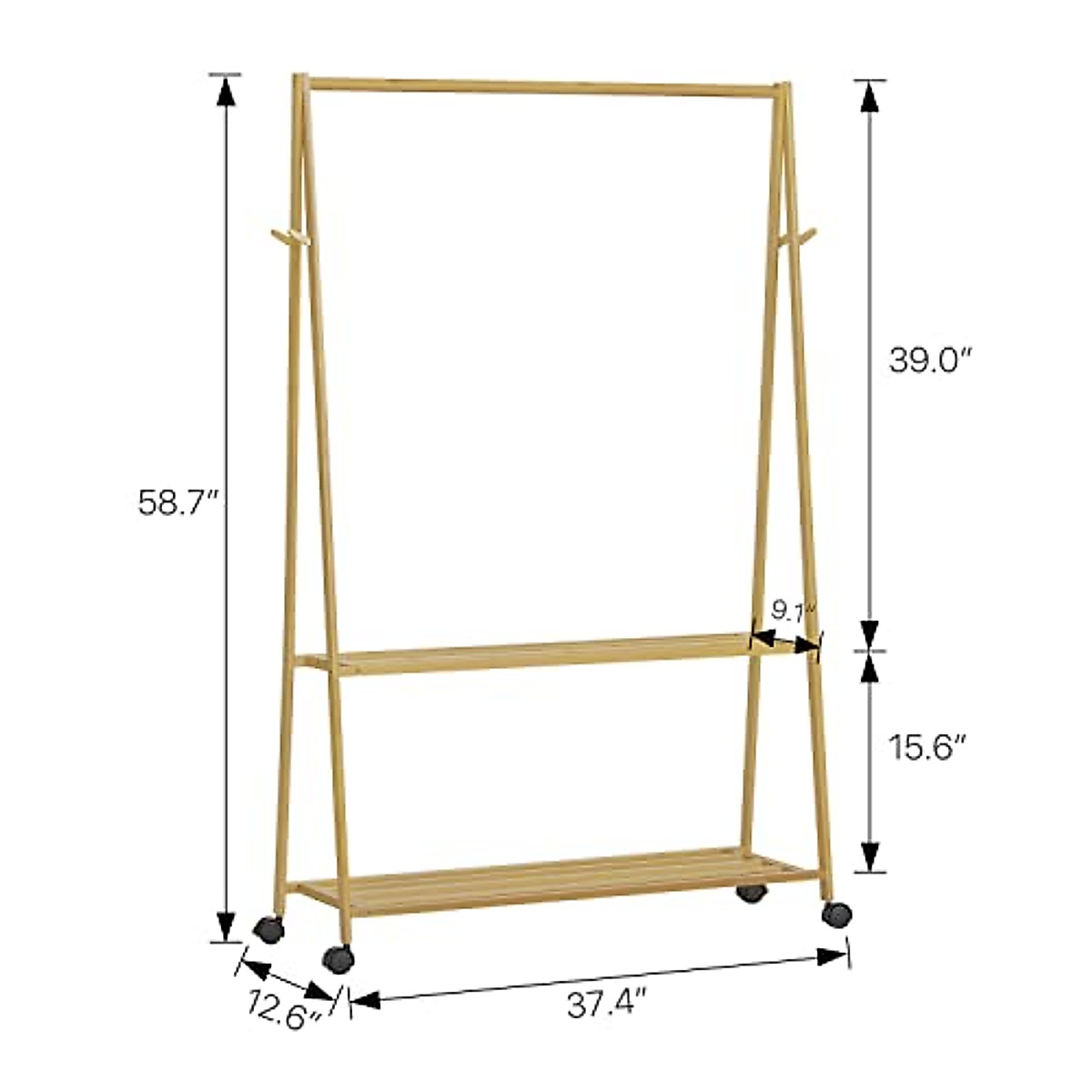 MoNiBloom Bamboo Garment Rack with Wheels Coat Rack Stand Clothes Rack with 2-Tier Storage Rack for Bedroom Living Room Entryway Home Office (Length 37.4", Natural)