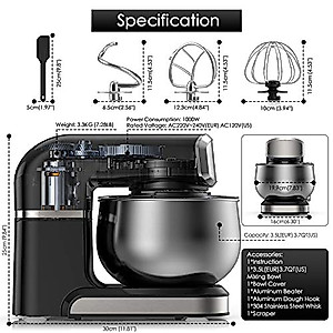 Stand Mixer, 1000W Kitchen Mixer Electric Food Mixer, 6 Speeds with 304 Stainless Steel Bowl Tilt-Head Dough Mixer, Dough Hook, Whisk, Beater, Splash Guard & Scraper