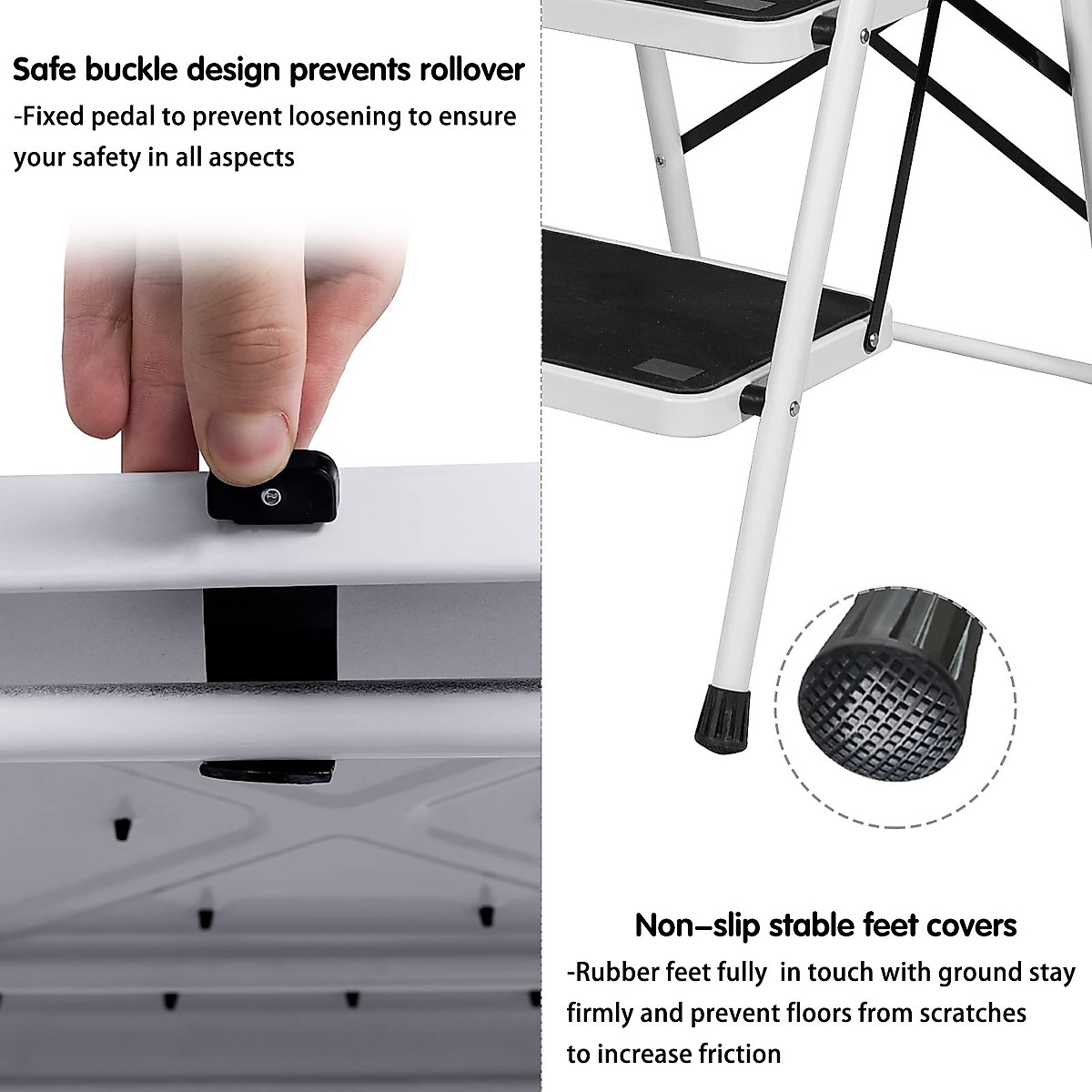 Portable Folding Step Ladder with Safety Handrails Anti-Slip Sturdy Large Area Pedal Steel Step Stool White and Black 4-Feet & Attachable Tool Bag for Kitchen Home and Office, Capacity: 500 lbs