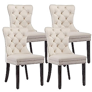 KCC Velvet Dining Chairs Set of 4 (Renewed), Upholstered High-end Tufted Dining Room Chair with Nailhead Back Ring Pull Trim Solid Wood Legs, Nikki Collection Modern Style for Kitchen, Beige