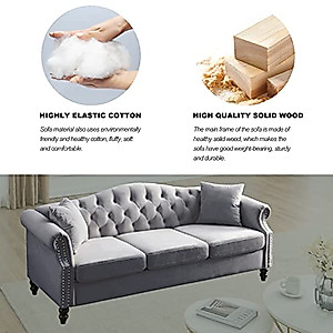 Chesterfield Upholstered Velvet Sofa, 3 Seater Button Tufted Couch with Nailhead Arms for Living Room Bedroom Office Apartment (Gray)